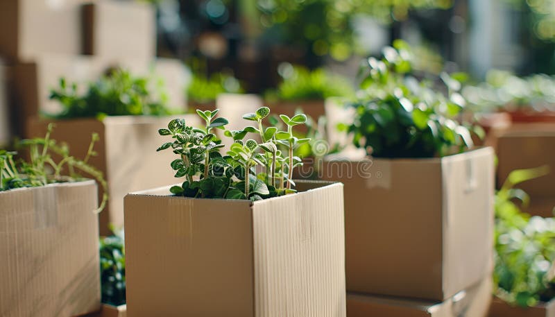 Cardboard Boxes with Plants Growing Inside, Symbolizing Eco-friendly ...