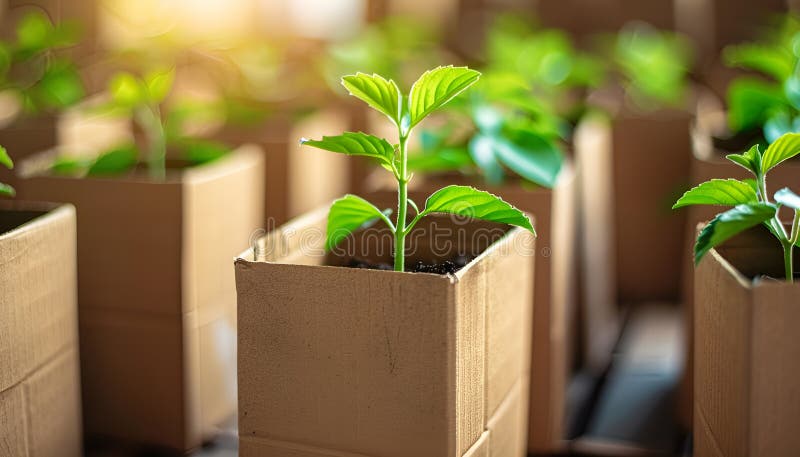 Cardboard Boxes with Plants Growing Inside, Symbolizing Eco-friendly ...