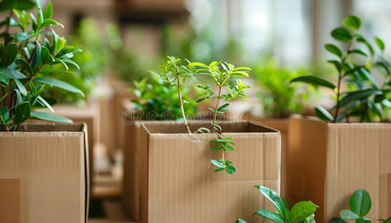 Cardboard Boxes with Plants Growing Inside, Symbolizing Eco-friendly ...