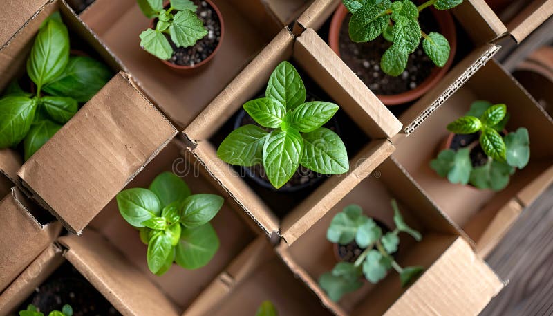 Cardboard Boxes with Plants Growing Inside, Symbolizing Eco-friendly ...