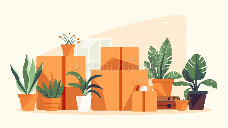 Cardboard Boxes and Potted Plants in Room Stock Illustration ...