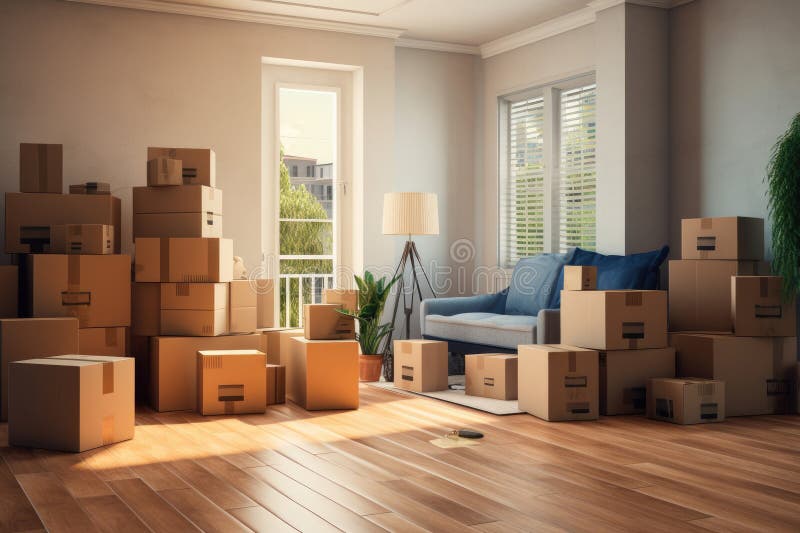 Cardboard Boxes and Potted Plants in Room Stock Photo - Image of ...