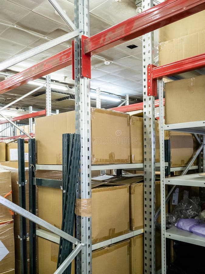 Cardboard Boxes on Racks in Warehouse Stock Image - Image of packaging ...
