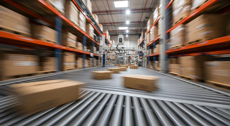 Fast-Paced Cardboard Boxes Moving on Conveyor Belt in a Warehouse ...