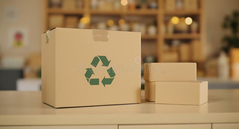 Cardboard Boxes with a Recycle Symbol on Table in Neutral Setting Stock ...