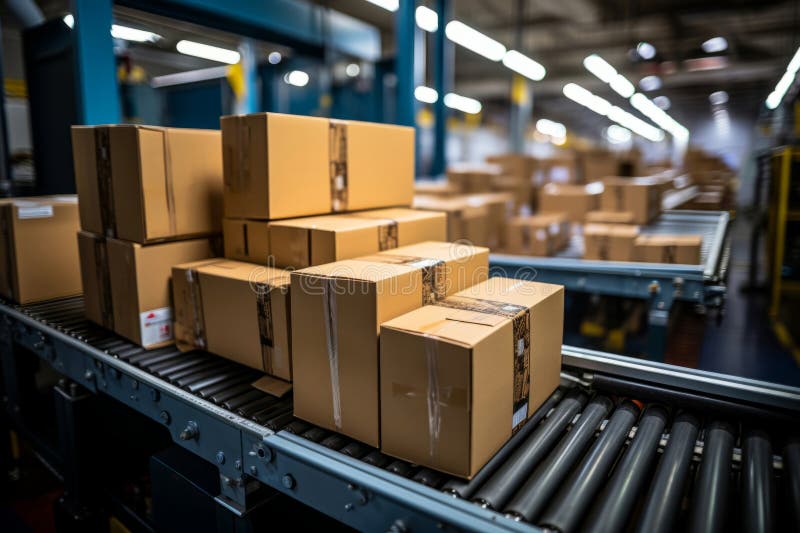 Cardboard Boxes on Roller Conveyor at Warehouse. Shipment Boxes ...