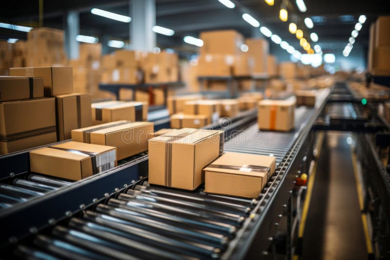 Cardboard Boxes on Roller Conveyor at Warehouse. Shipment Boxes ...