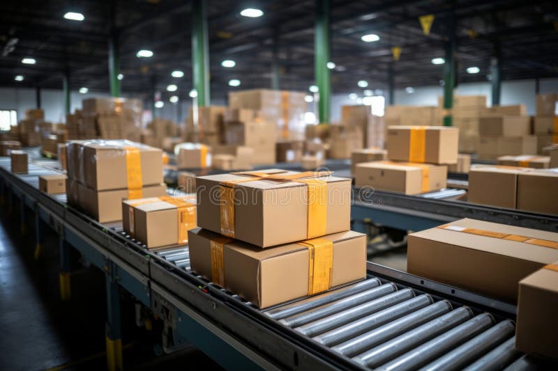 Cardboard Boxes on Roller Conveyor at Warehouse. Shipment Boxes ...