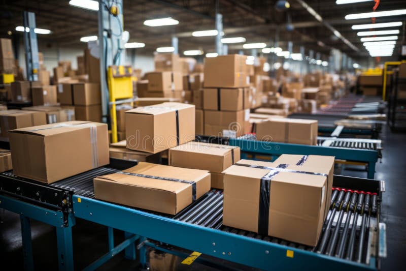 Cardboard Boxes on Roller Conveyor at Warehouse. Shipment Boxes ...