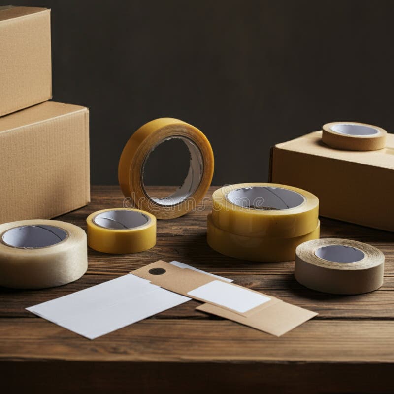 Cardboard Boxes and Rolls of Packing Tape in Various Sizes are Arranged ...