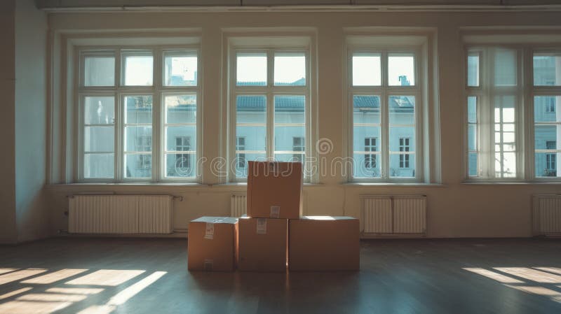 Cardboard Boxes in a Room with Large Windows Stock Illustration ...