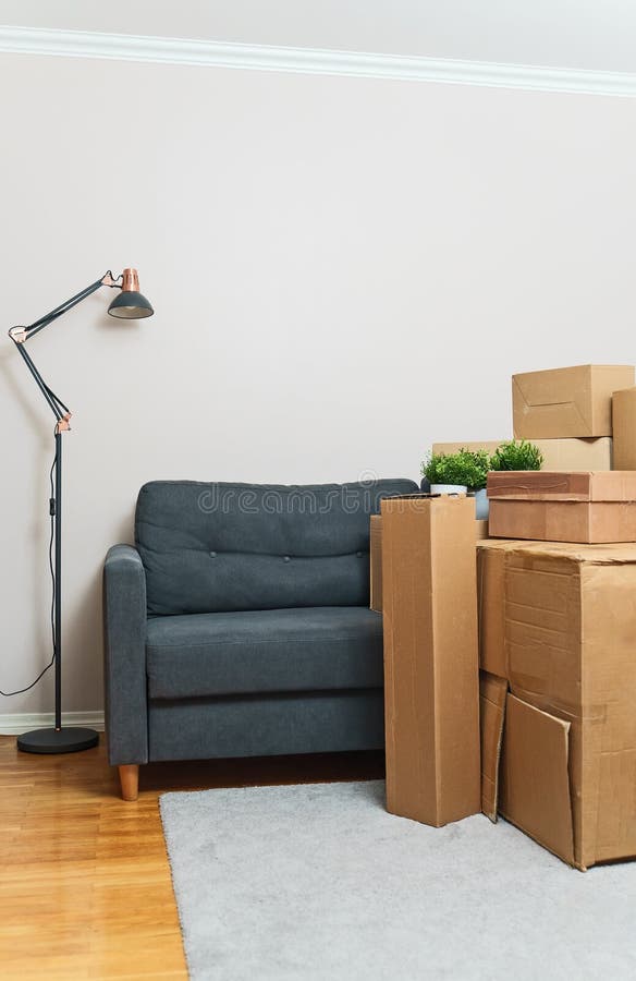 Cardboard boxes in room. stock image. Image of movement - 214092981