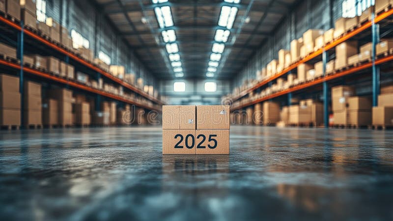 Cardboard Boxes Showing Year 2025 in Distribution Warehouse Setting ...