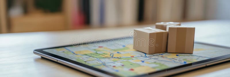 Cardboard Boxes Sit on Tablet Displaying Map for Online Shopping and ...