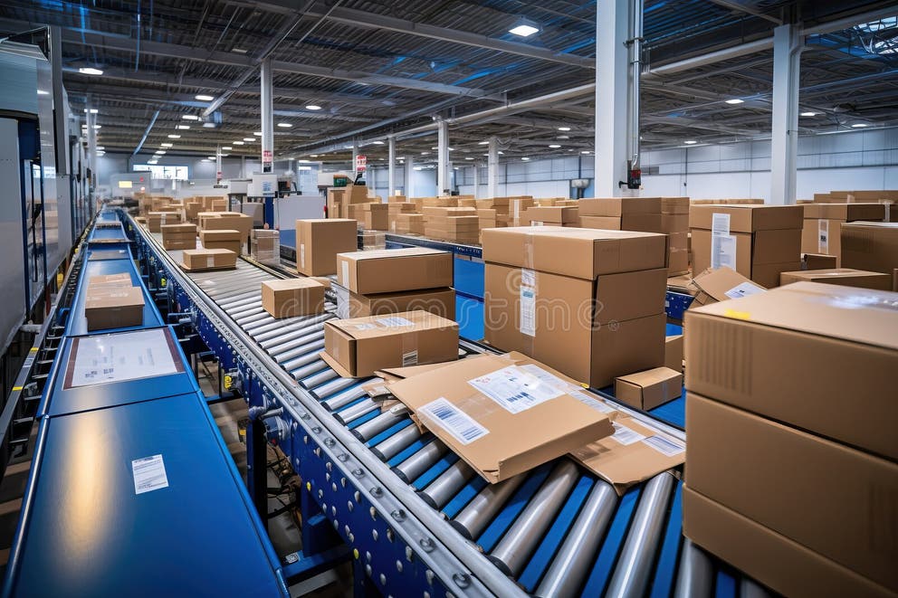 Cardboard Boxes on Sorting Line. Generative AI Stock Illustration ...