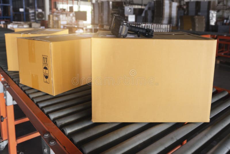 Cardboard Boxes Sorting on Roller Conveyor at the Warehouse. Shipment ...