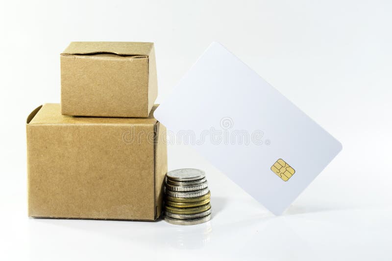 Cardboard Boxes Stack with Coins on White. Stock Photo - Image of pile ...
