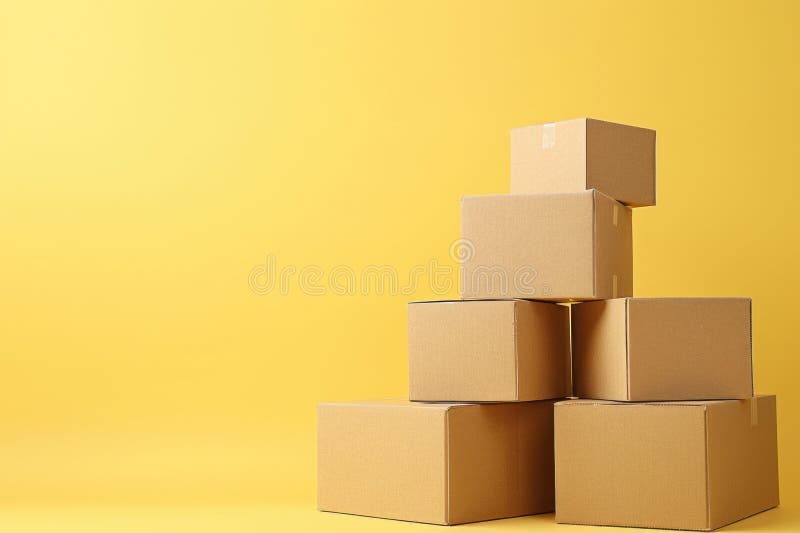 Cardboard Boxes Stack on Yellow Background for Storage, Moving, and ...