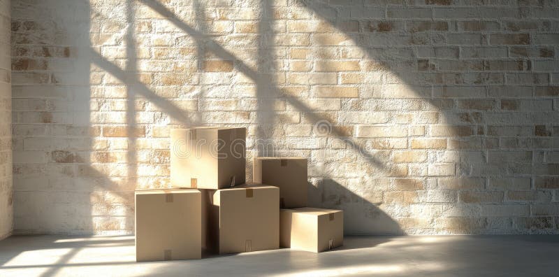 Cardboard Boxes Stacked Against a Brick Wall with Sunlight Streaming ...