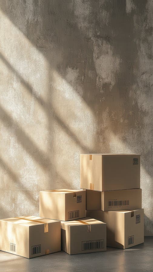 Cardboard Boxes Stacked Against a Rough Textured Wall Stock ...