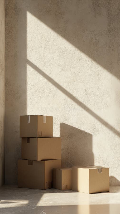 Cardboard Boxes Stacked Against a Textured Wall with Sunlight Stock ...