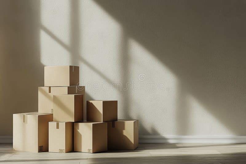 Cardboard Boxes Stacked Against a Wall with Sunlight Streaming through ...