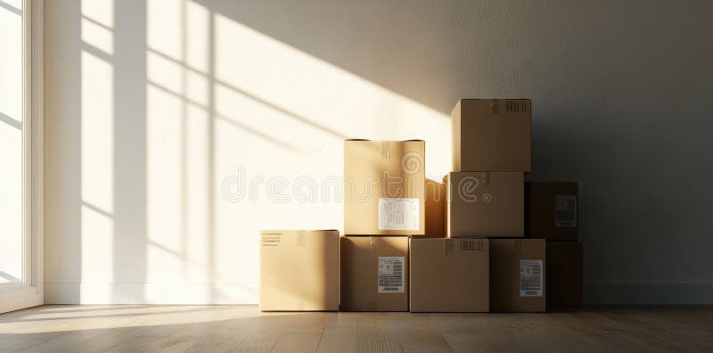 Cardboard Boxes Stacked Against a Wall with Sunlight Streaming through ...