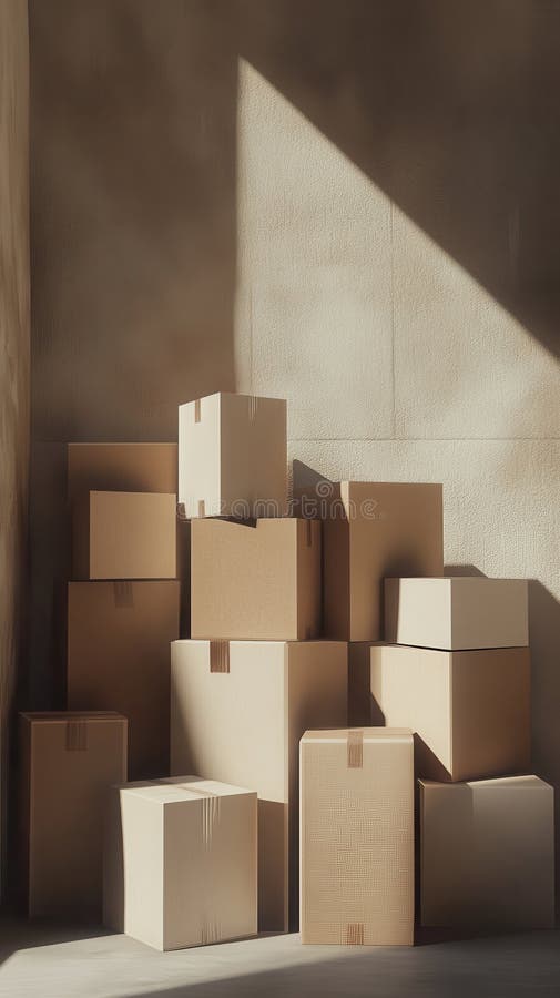 Cardboard Boxes Stacked Against a Wall in a Sunlit Room Stock ...