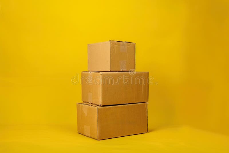 Cardboard Boxes Stacked in the Center on Yellow Background Stock Photo ...