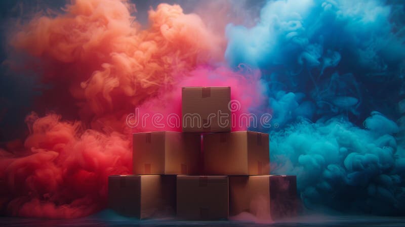 Cardboard Boxes Stacked with Colorful Smoke Around, Abstract Concept ...