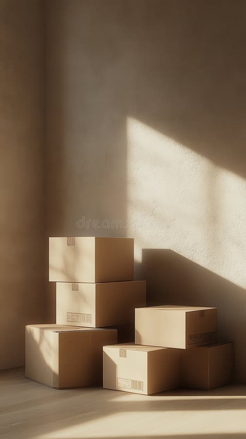 Cardboard Boxes in a Corner with Sunlit Shadows Stock Illustration ...