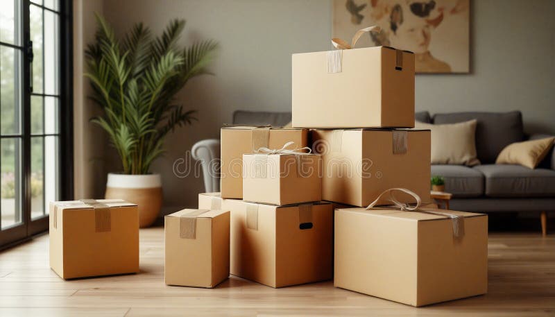 Cardboard Boxes Stacked in Empty Living Room during Relocation Stock ...