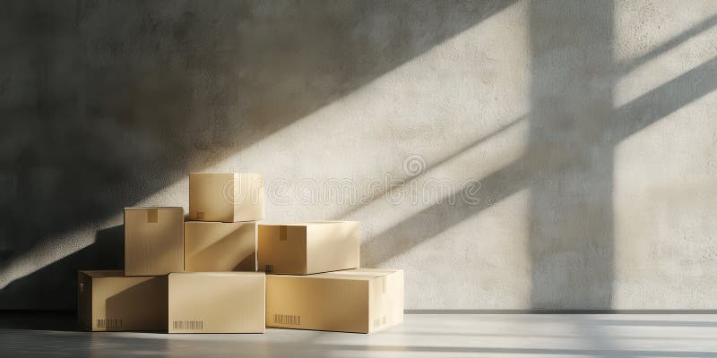 Cardboard Boxes Stacked in Empty Room with Sunlight Stock Illustration ...