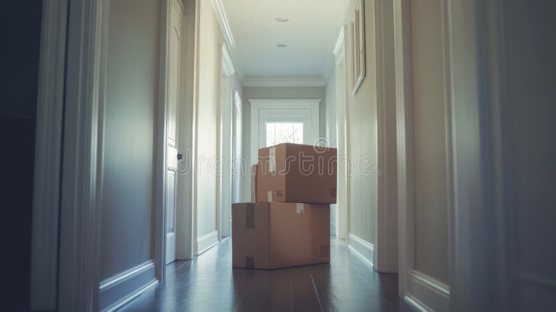Cardboard Boxes Stacked in a Hallway Stock Illustration - Illustration ...