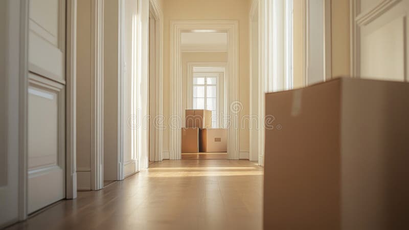 Cardboard Boxes Stacked in a Hallway with Sunlight Streaming in Stock ...