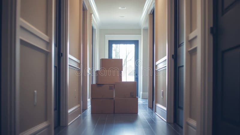 Cardboard Boxes Stacked in a Hallway with a Window and Doors Stock ...