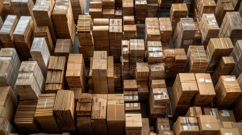 Cardboard Boxes Stacked High in Distribution Warehouse Logistics ...