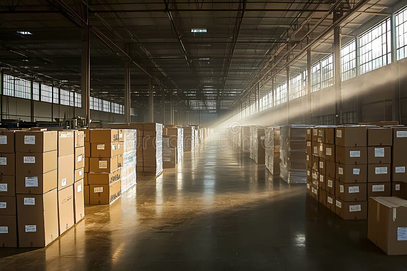 Cardboard Boxes Stacked High in Distribution Warehouse with Sunlight ...