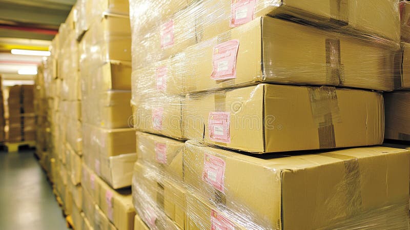 Cardboard Boxes Stacked High in Warehouse Stock Photo - Image of supply ...