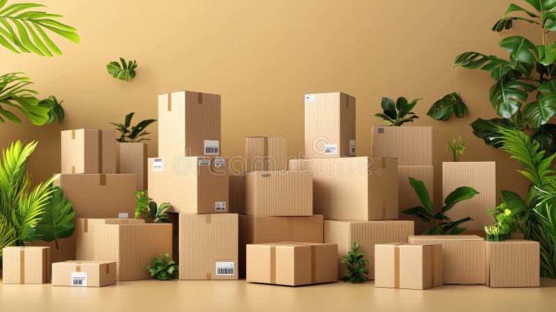 Cardboard Boxes Stacked with Plants Against Beige Background Stock ...