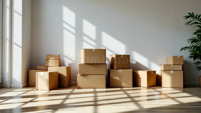 Cardboard Boxes Stacked in Sunlit Room, Moving or Shipping Concept Indoors Stock Video - Video ...