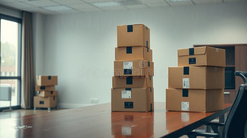 Cardboard Boxes Stacked on a Table in an Empty Office. Rain is Seen ...