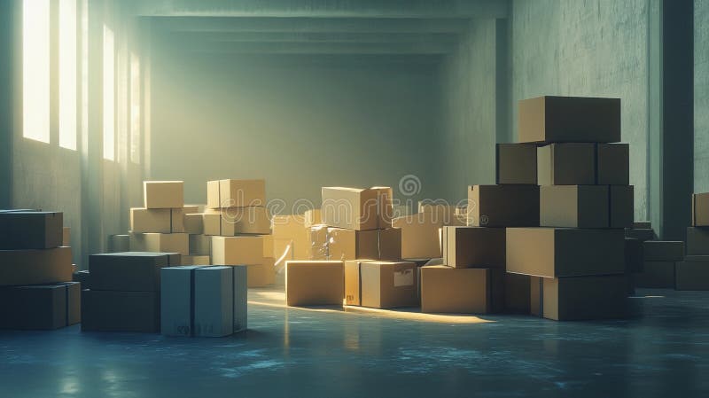 Stacks of Cardboard Boxes Fill a Bright Warehouse during Late Afternoon ...