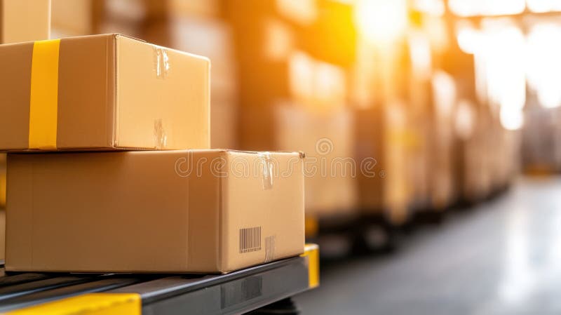 Cardboard Boxes Stacked in Warehouse with Sunlight Streaming in Stock ...