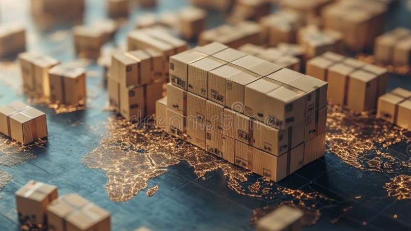 Cardboard Boxes Stacked on a World Map with Glowing Cities Stock ...