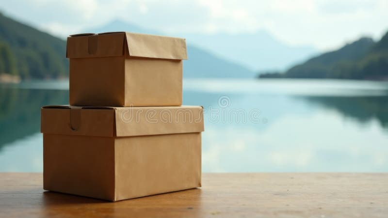 Cardboard Boxes Standing Wooden Bridge Top Each Other River Background ...
