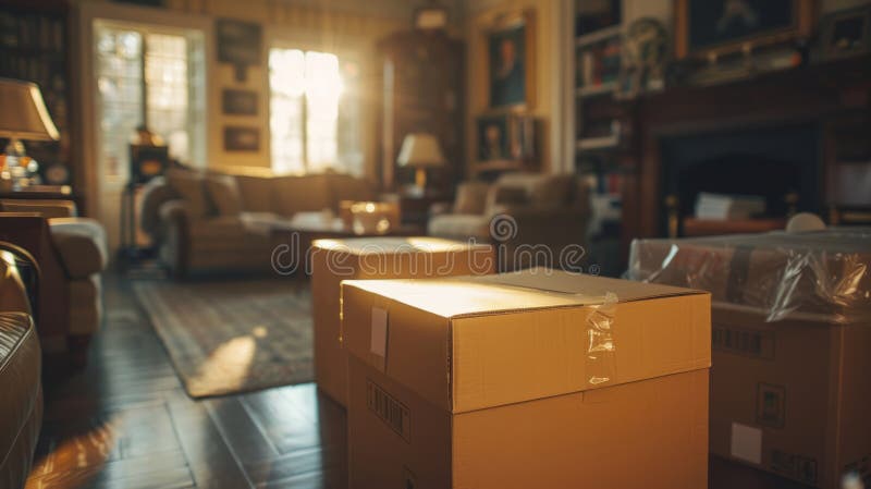Cardboard Boxes in a Sunlit, Cozy Living Room. Stock Photo - Image of ...