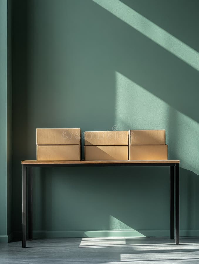 Cardboard Boxes on a Table Against a Green Wall with Shadows. Stock ...