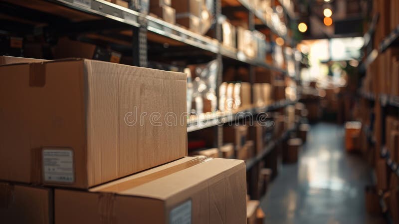 Cardboard Boxes in a Warehouse Aisle with Shelves. Stock Image - Image ...
