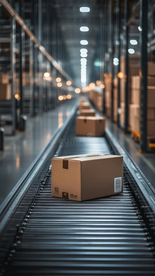 Cardboard Boxes on Warehouse Conveyor Belt, Distribution Hub, E ...